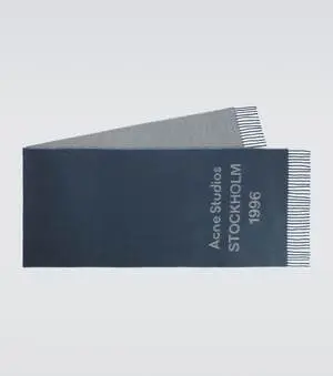 Acne Studios Fringed Logo Wool Scarf - Blue