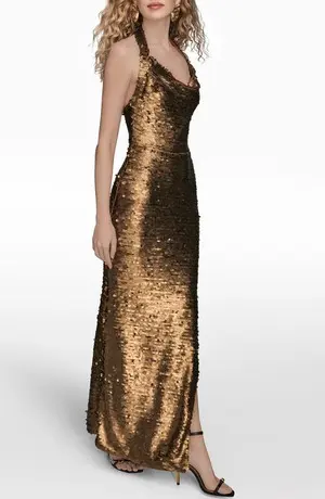 Donna Karan New York Paillette Cowl Neck Halter Gown