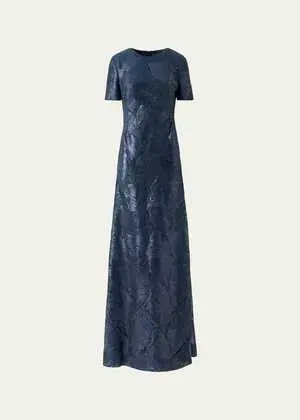 Akris Lacquered Sea Fan Lace Short-Sleeve Gown - Navy