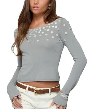 EDIKTED Iridescent Button Boat Neck Top