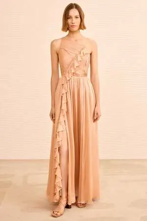 Ulla Johnson Aisha Pleated Asymmetrical Gown - Sand