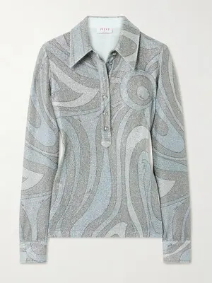 Emilio Pucci Printed Metallic Jersey Polo Shirt - Silver