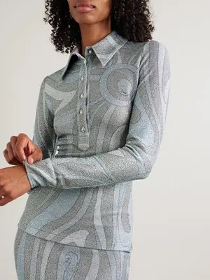 Emilio Pucci Printed Metallic Jersey Polo Shirt - Silver