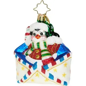 CHRISTOPHER RADKO Penguin Delivery Glass Ornament - Blue/red/white