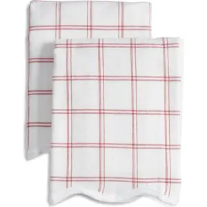 WEEZIE Set Of 2 Scalloped Kitchen Towels - Red Windowpane