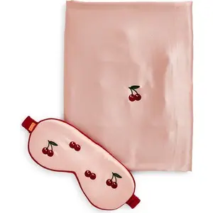 LOST PATTERN Embroidered Satin Pillowcase & Sleep Mask Set Pink Cherries