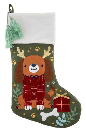 STEPHEN JOSEPH Embroidered Holiday Stocking Green Dog