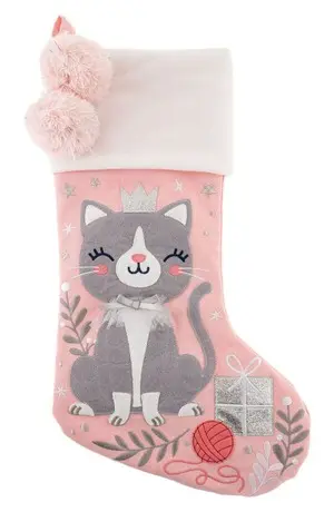 STEPHEN JOSEPH Embroidered Holiday Stocking Pink Cat
