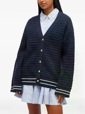 GANNI Textured Knit V-neck Cardigan With Striped Trim - Blue