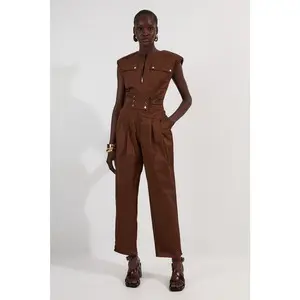 Karen Millen Cotton & Faux Leather Utility Jumpsuit - Chocolate
