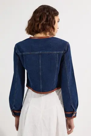 Karen Millen Denim Jacket With Faux Leather Trim - Dark Wash
