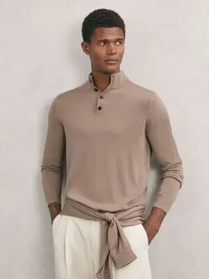 REISS Farnham Merino Wool Half-button Funnel Jumper - Camel Brown