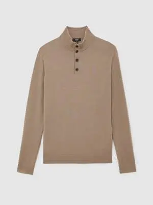 REISS Farnham Merino Wool Half-button Funnel Jumper - Camel Brown