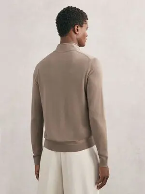 REISS Farnham Merino Wool Half-button Funnel Jumper - Camel Brown