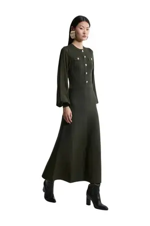 Karen Millen Military Trim Chiffon Sleeve Knit Maxi Dress - Olive