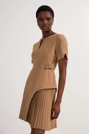 Karen Millen Military Pleat Mini Dress - Camel
