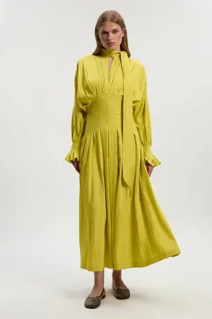 Karen Millen Pleated Neck Tie Detail Woven Maxi Dress - Chartreuse