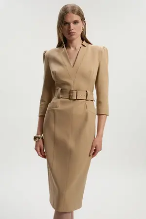 Karen Millen Belted 3/4 Sleeve Midi Dress - Camel
