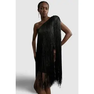 Karen Millen Asymmetrical Draped Fringe Mini Dress - Black