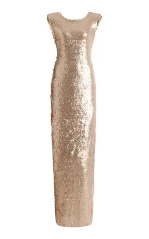 SEV Sculpted V-Back Sequin Gown Gold