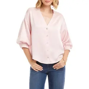 Karen Kane Satin Lantern Sleeve Button-up Shirt - Pink