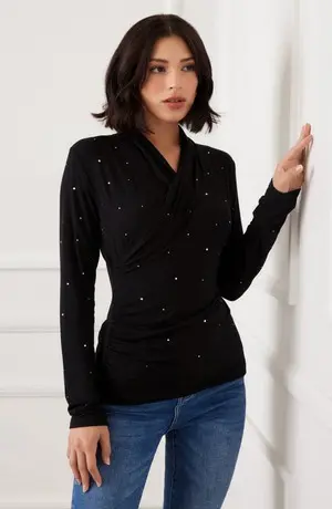Karen Kane Rhinestone Faux Wrap Top