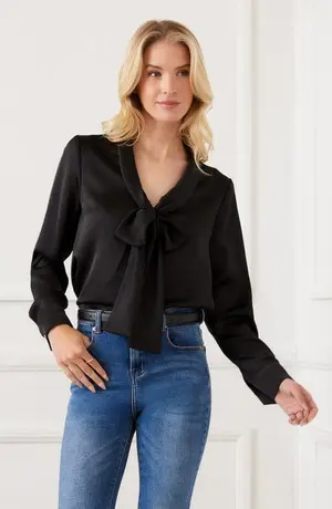 Karen Kane Tie Neck Satin Top - Black
