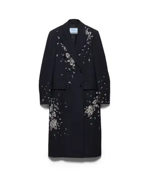 Prada Embroidered Wool Double-Breasted Coat Blue