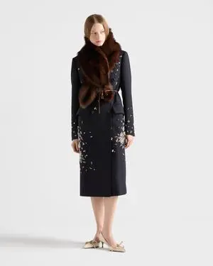 Prada Embroidered Wool Double-breasted Coat - Navy