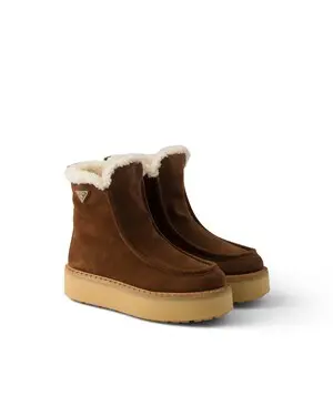 Prada Suede And Shearling Booties - Brown