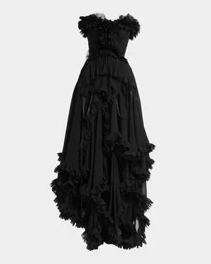 Alexander McQueen Silk Georgette Strapless Ruffle Gown