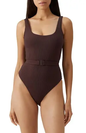 Melissa Odabash Rio Belted Rib One-piece Swimsuit - Brown Ribbed