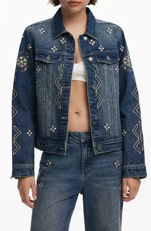 Desigual Embroidered Denim Trucker Jacket - Medium Blue