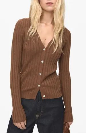 Mango V-neck Ribbed Cardigan - Chocolate