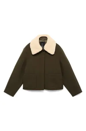 Mango Jacket With Removable Faux Shearling Collar - Khaki Green