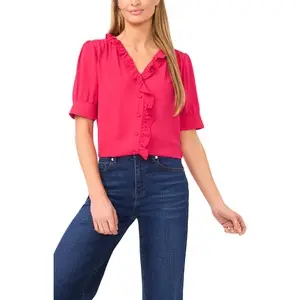CECE DUPRAZ Ruffle Detail Button-up Shirt - Ruby Blush