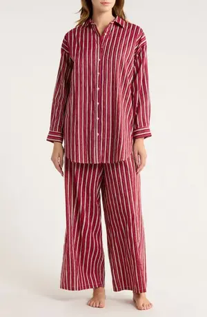 Chan Luu Oversize Shirt & Pants Cotton Pajamas - Red Stripe