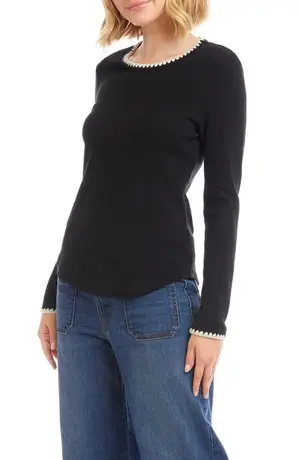 Karen Kane Edge Stitch Crewneck Top - Black/cream