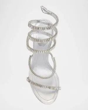 Rene Caovilla Metallic Leather Strass Snake Ankle Wrap Sandals - Silver