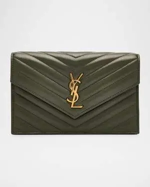 Saint Laurent Small Wallet On Chain In Grain Leather - Olive Wood