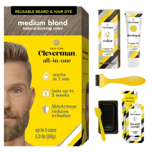 CLEVERMAN Reusable Beard & Hair Dye Kit Up To 5 Uses, 7-min Natural Gray Coverage With Skinarmour - Medium Blond