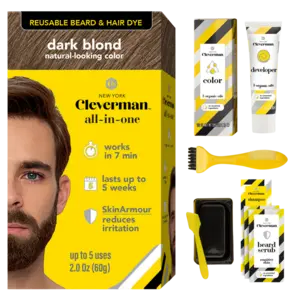 CLEVERMAN Reusable Beard & Hair Dye Kit Up To 5 Uses, 7-min Natural Gray Coverage With Skinarmour - Dark Blond