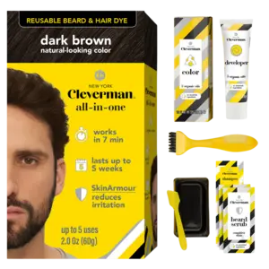 CLEVERMAN Reusable Beard & Hair Dye Kit Up To 5 Uses, 7-min Natural Gray Coverage With Skinarmour - Dark Brown