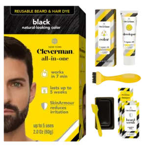 CLEVERMAN Reusable Beard & Hair Dye Kit Up To 5 Uses, 7-min Natural Gray Coverage With Skinarmour - Black