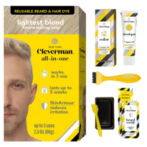 CLEVERMAN Reusable Beard & Hair Dye Kit Up To 5 Uses, 7-min Natural Gray Coverage With Skinarmour - Lightest Blond