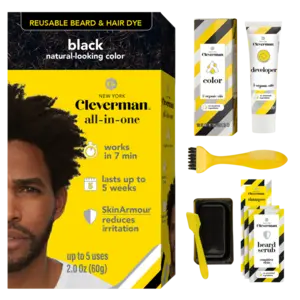 CLEVERMAN Coarse & Coily Hair · Reusable Beard & Hair Dye Kit – 5 Uses, 7-min Natural Gray Coverage - Black