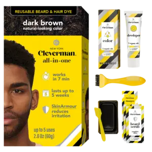 CLEVERMAN Coarse & Coily Hair · Reusable Beard & Hair Dye Kit – 5 Uses, 7-min Natural Gray Coverage - Dark Brown