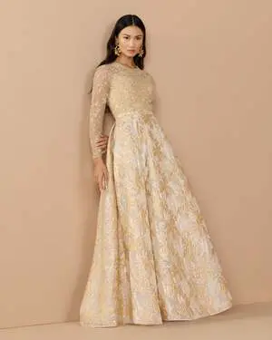 Mac Duggal Long Sleeve Beaded Brocade Skirt Ball Gown - Light Gold