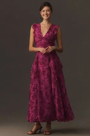Bhldn Sleeveless V-neck Pleated Chiffon Maxi Dress - Pink Pattern