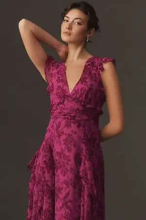 Bhldn Sleeveless V-neck Pleated Chiffon Maxi Dress - Pink Pattern